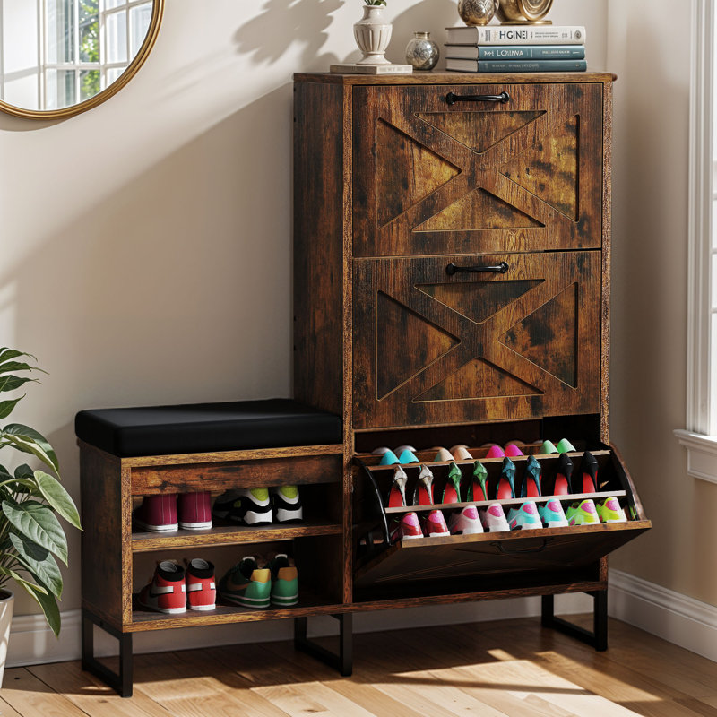 Farmhouse 3 Flip Drawers Narrow Slim Shoe Storage Cabinet Rack Organizer with Shoe Bench for Entryway Living Room Hallway Rebrilliant